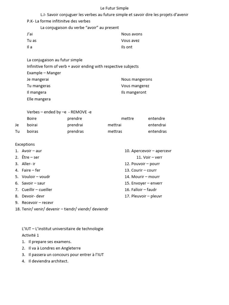 Le Futur Simple NOTES | PDF