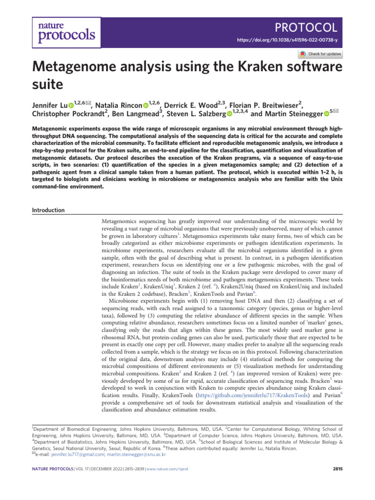 Metagenome Analysis Using The Kraken Software Suite: Protocol | PDF | Dna Sequencing | Biology