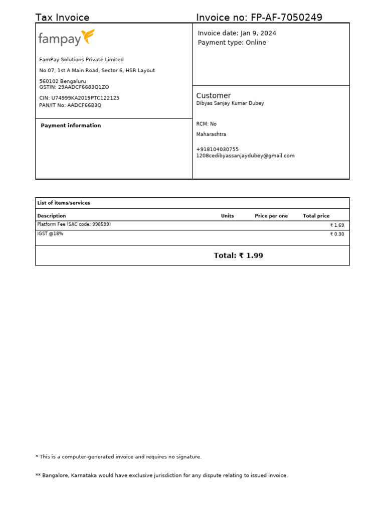 FamPay Invoice | PDF