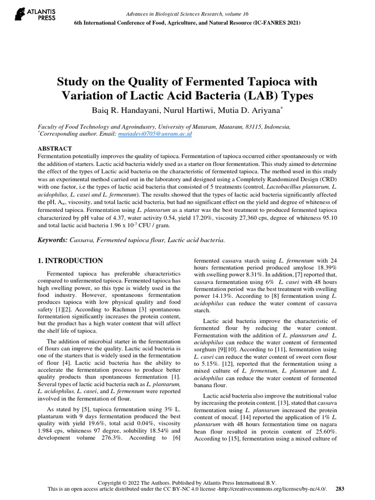 Study On The Quality of Fermented Tapioca With Variation of Lactic Acid ...