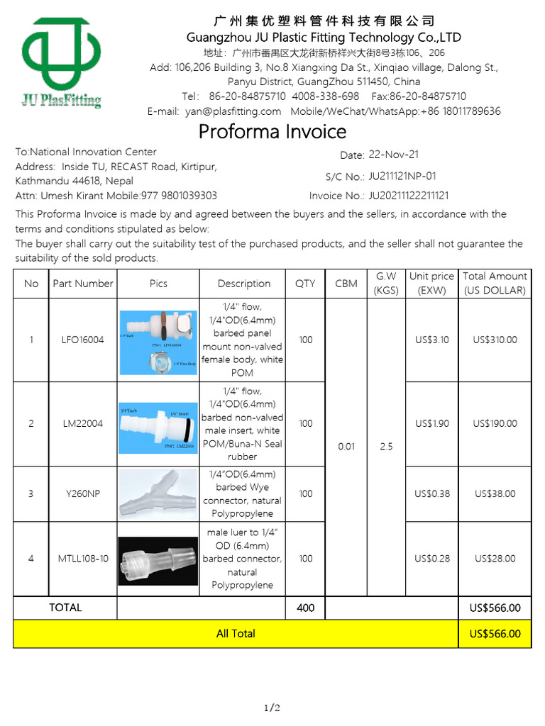 Proforma Invoice for Plastic Fittings | PDF | Invoice | Business