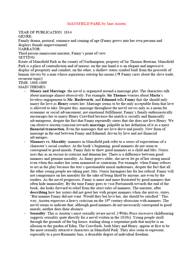 Themes and Setting of Mansfield Park | PDF | Mansfield Park