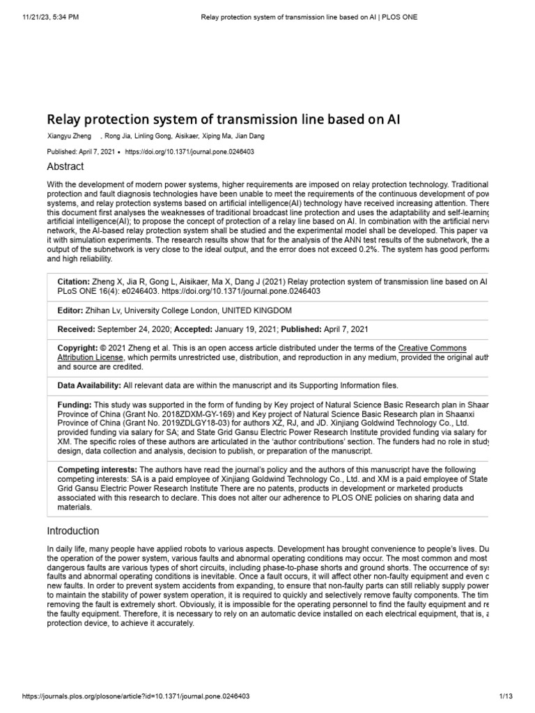 Relay Protection System of Transmission Line Based On AI - PLOS ONE ...