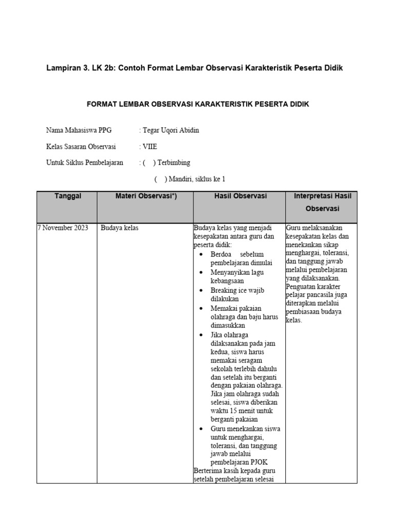 Lampiran 3. LK 2b Contoh Format Lembar Observasi Karakteristik Peserta ...