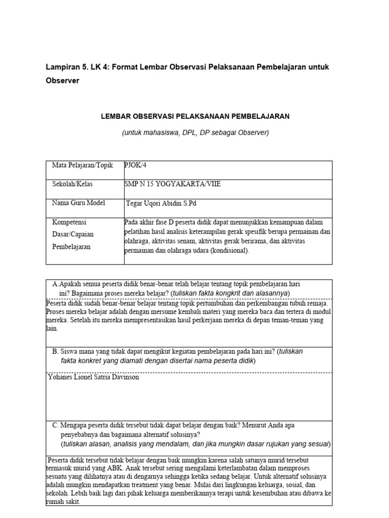 Lampiran 5. LK 4 Format Lembar Observasi Pelaksanaan Pembelajaran Untuk Observer | PDF