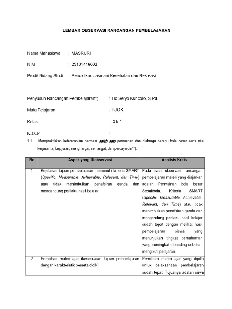 LK 3 - Lembar Observasi Rancangan Dan Perangkat Pembelajaran - Siklus 1 | PDF