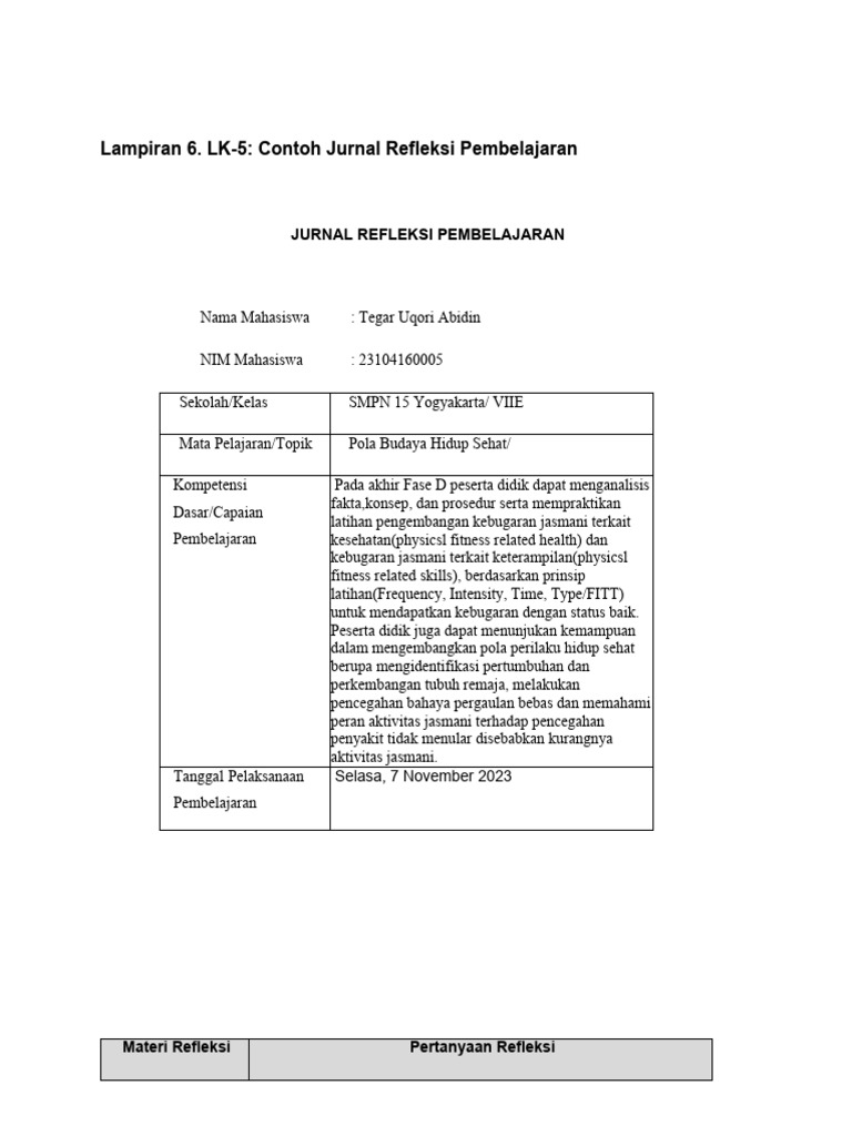 Lampiran 6. LK-5 Contoh Jurnal Refleksi Pembelajaran | PDF