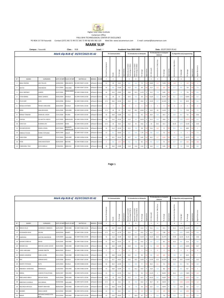 Bordereau de Notes B1B 2022-2023 LMD (Hybride) - 3 | PDF