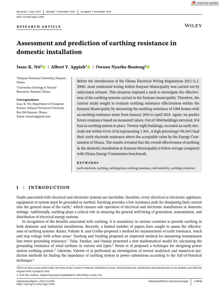 Engineering Reports - 2020 - Nti - Assessment and Prediction of Earthing Resistance in Domestic ...