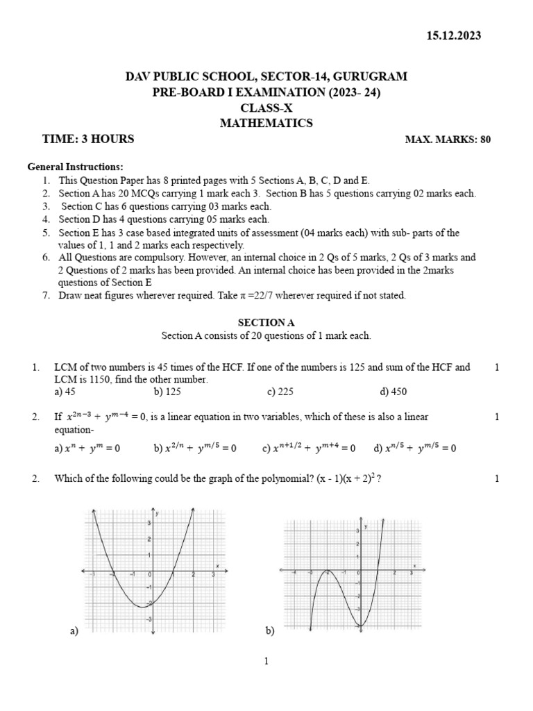 Class X Mathematics Pre-Board Exam 2023-24 | PDF