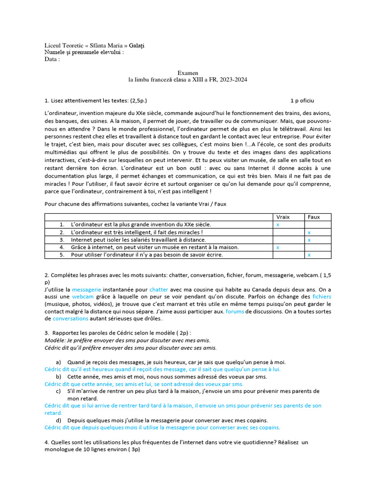 Rezolvare Epreuve Ecrite 1 Sem II XIII FR | PDF