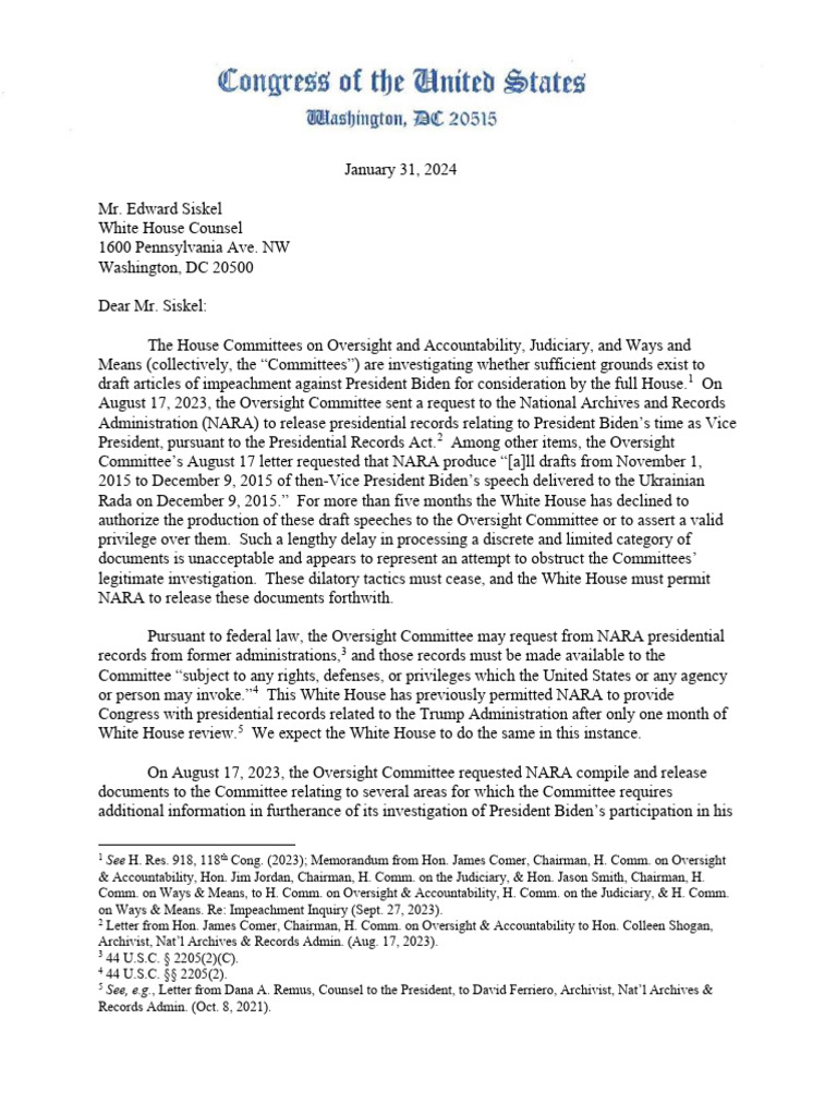 White House PRA Production Letter | PDF | United States House Of ...