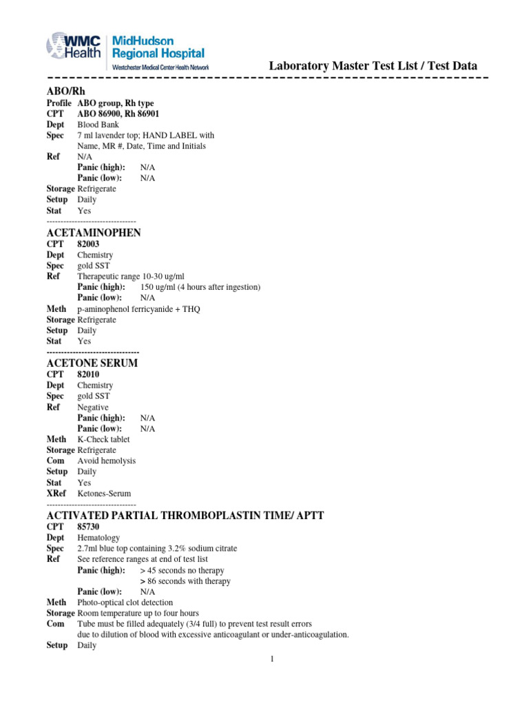 MHRH Lab Master List Nov 2019 | PDF | Creatinine | Hematology