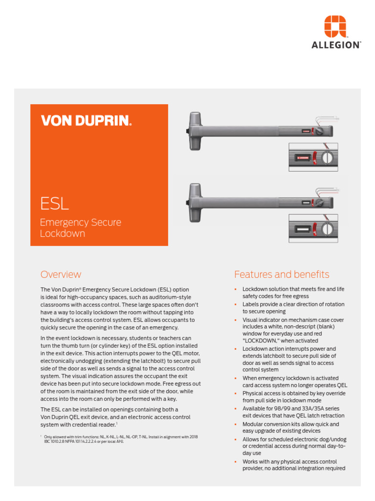 Von Duprin ESL Data Sheet 113791 | PDF