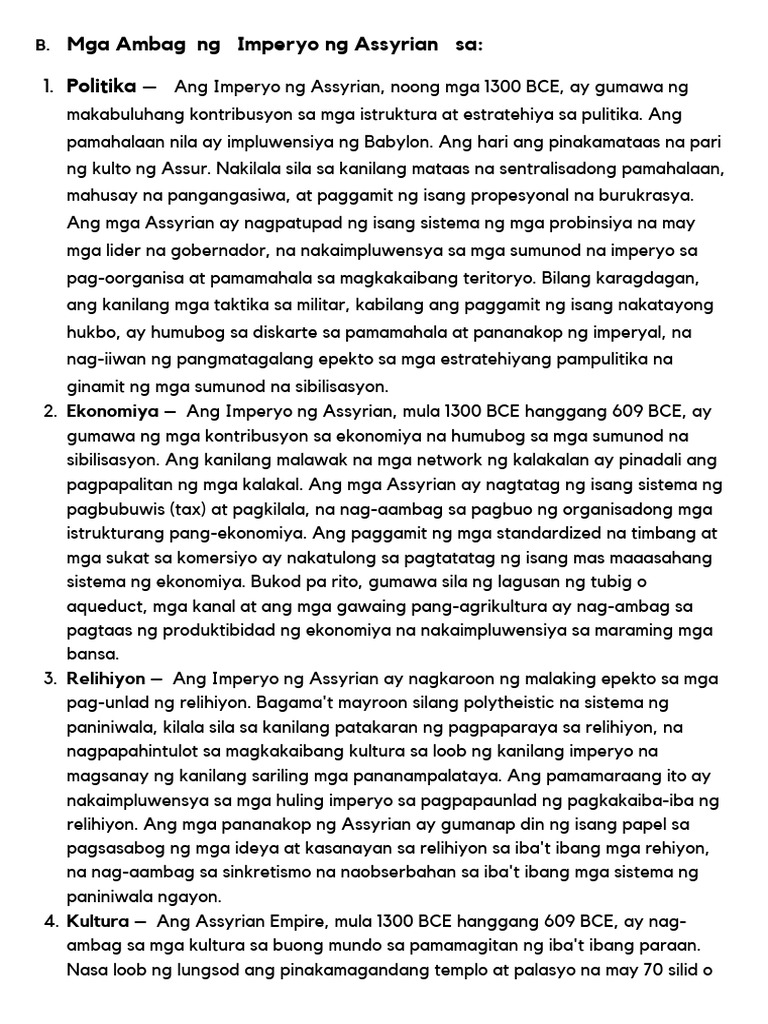 B Mga Ambag NG Imperyo NG Assyrian | PDF