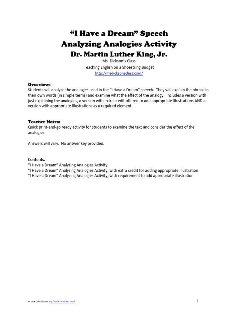 "I Have A Dream" Speech Analyzing Analogies Activity: Dr. Martin Luther ...
