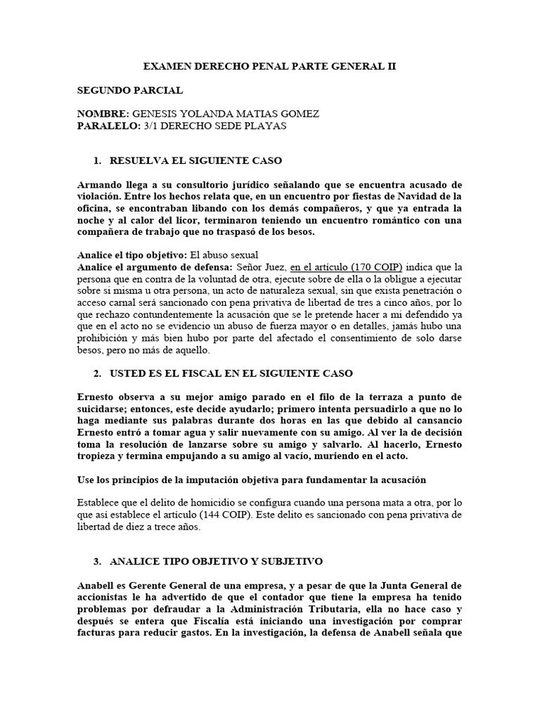 Examen Derecho Penal Parte General | PDF | Homicidio | Robo