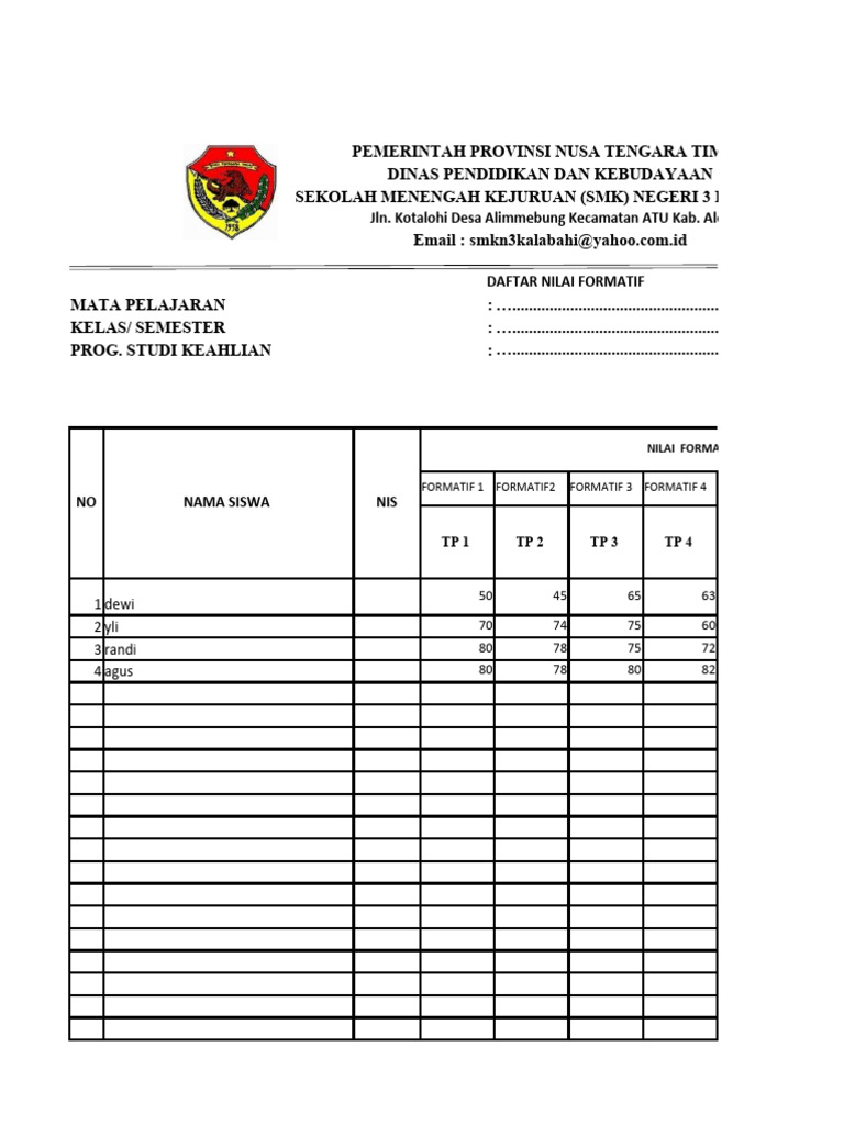 Format Nilai Formatif | PDF