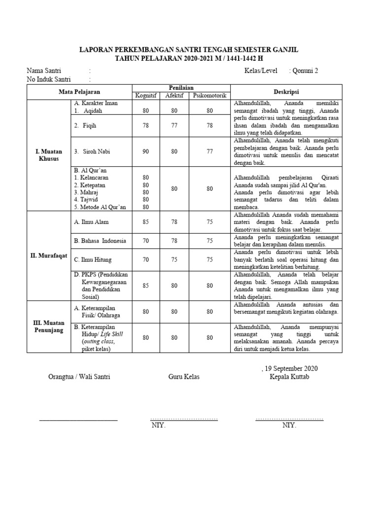 Contoh Rapot Kuttab | PDF