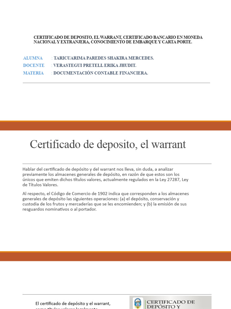 Certificado de Deposito, El Warrant, Certificado Shakira Mercedes | PDF