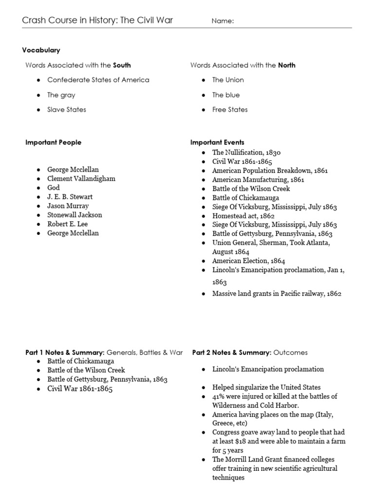 Grade 7A Crash Course in History - The Civil War | PDF | American Civil ...