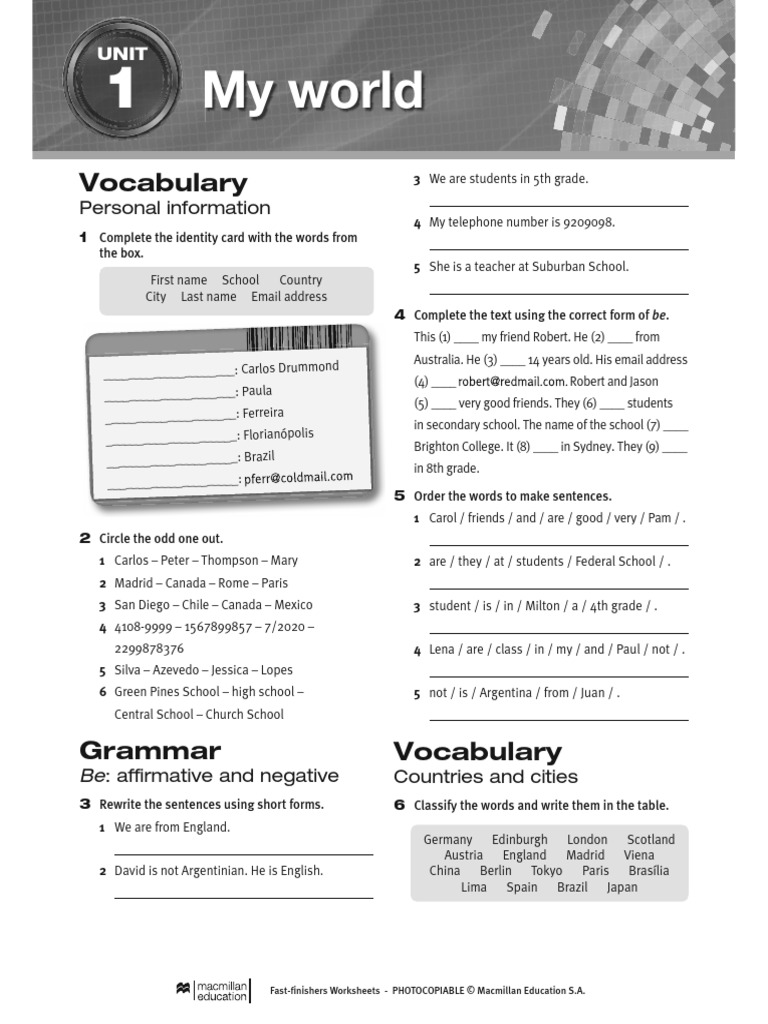 T1 Fast Finishers Unit 1 - My World | PDF | Television Series Created ...