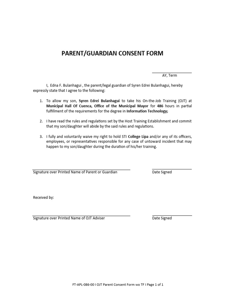 OJT Parent Consent Form | PDF