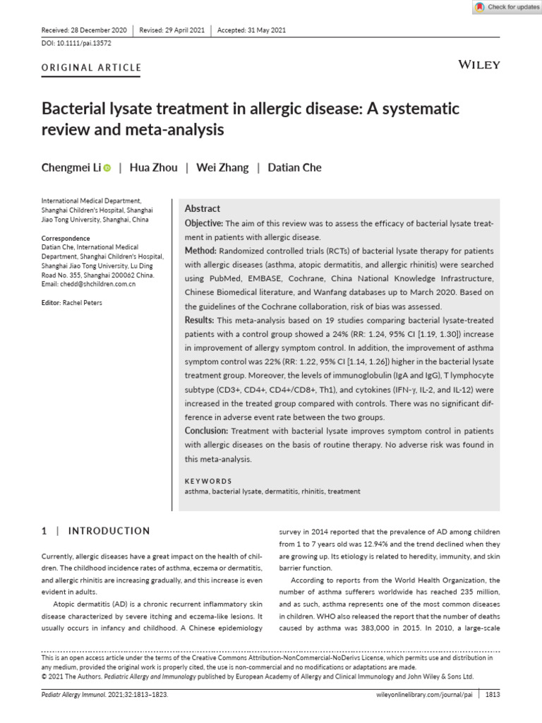 Pediatric Allergy Immunology - 2021 - Li - Bacterial Lysate Treatment ...