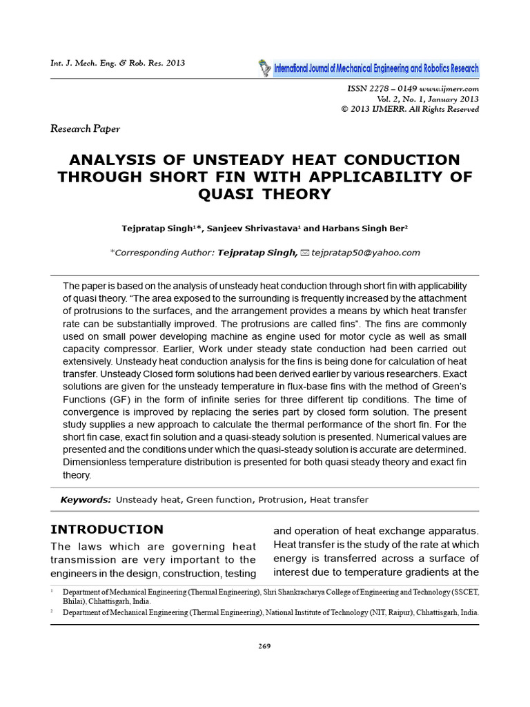 Analysis of Unsteady Heat Conduction Through Short Fin With Applicability of Quasi Theory | PDF ...