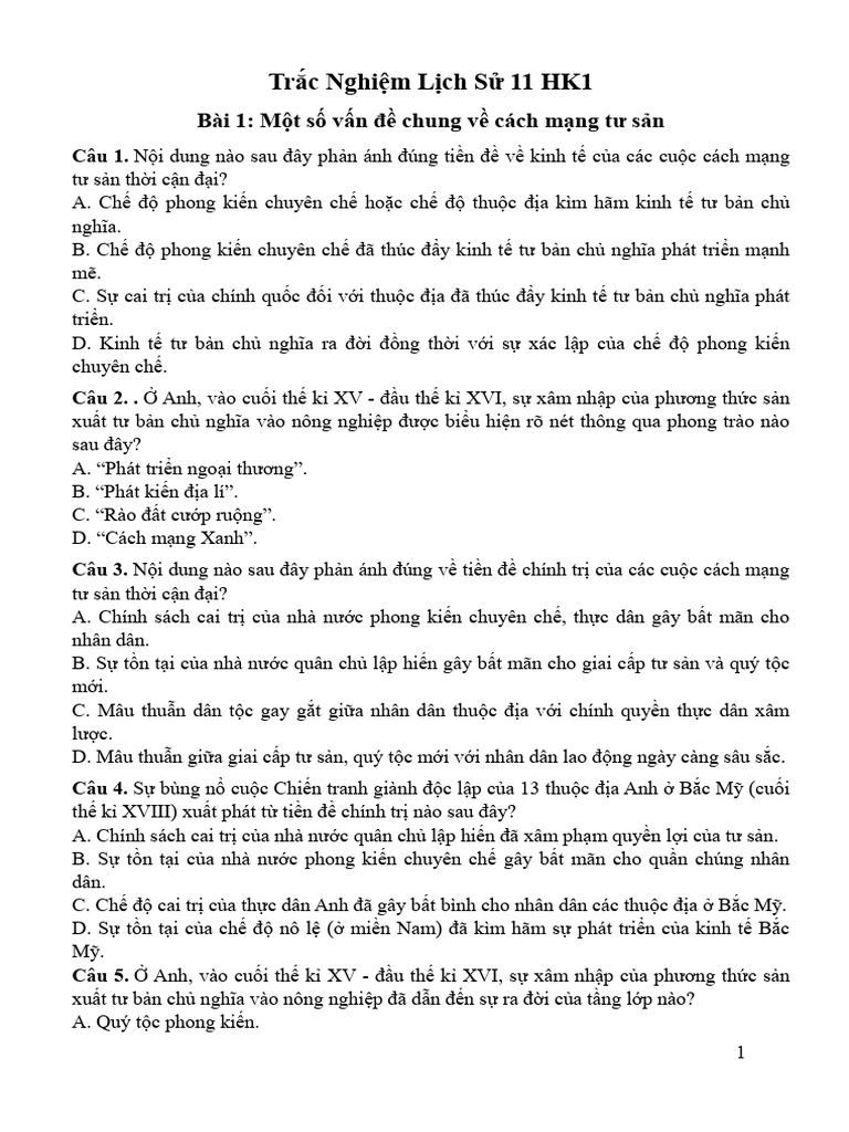 Trắc Nghiệm Lịch Sử 11 HK1 | PDF