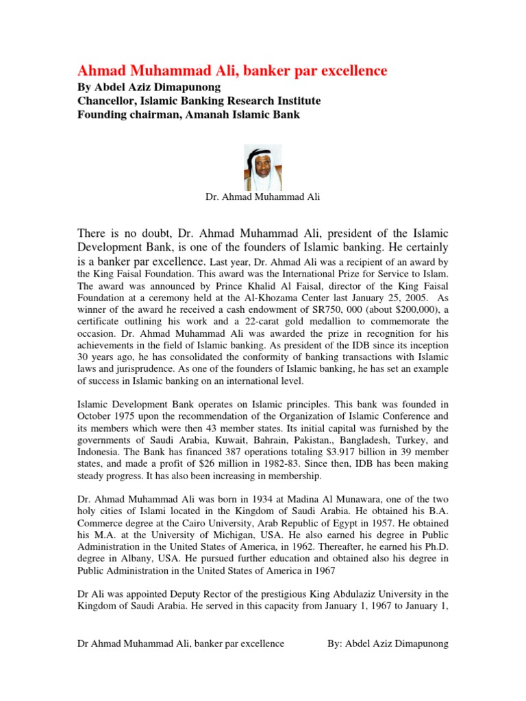 Dr. Ahmad Muhammad Ali: Islamic Banking Leader | PDF | Islamic Banking ...