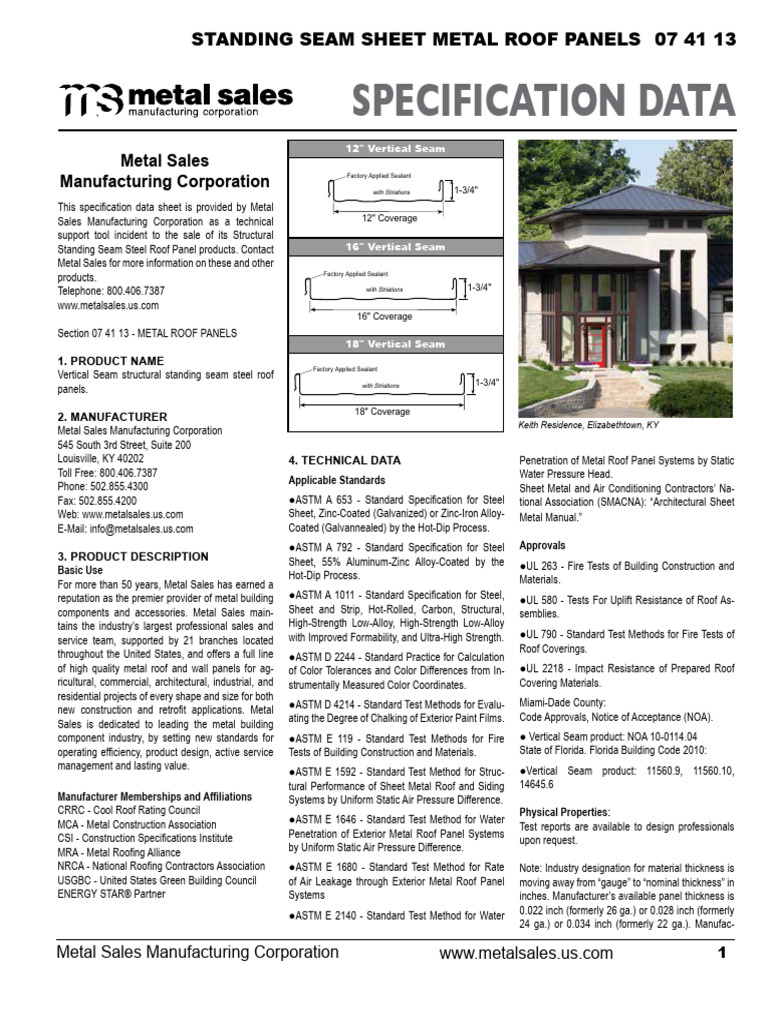 Specification Data: 07 41 13 Standing Seam Sheet Metal Roof Panels ...
