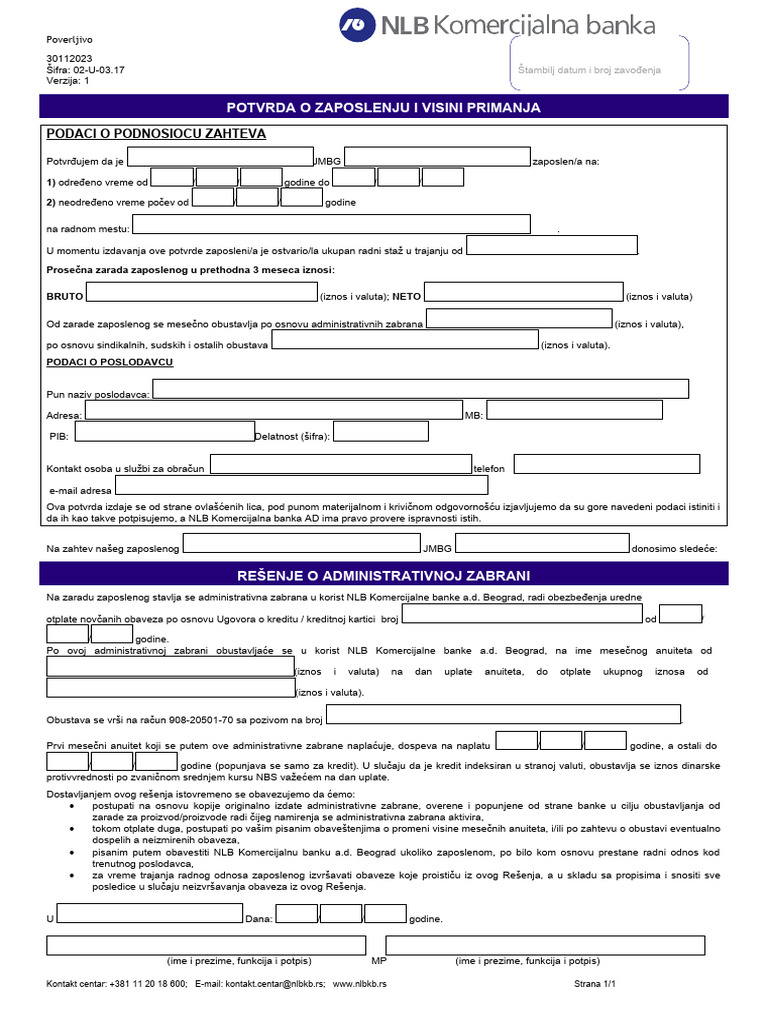 Potvrda o Zaposlenju I Visini Primanja | PDF
