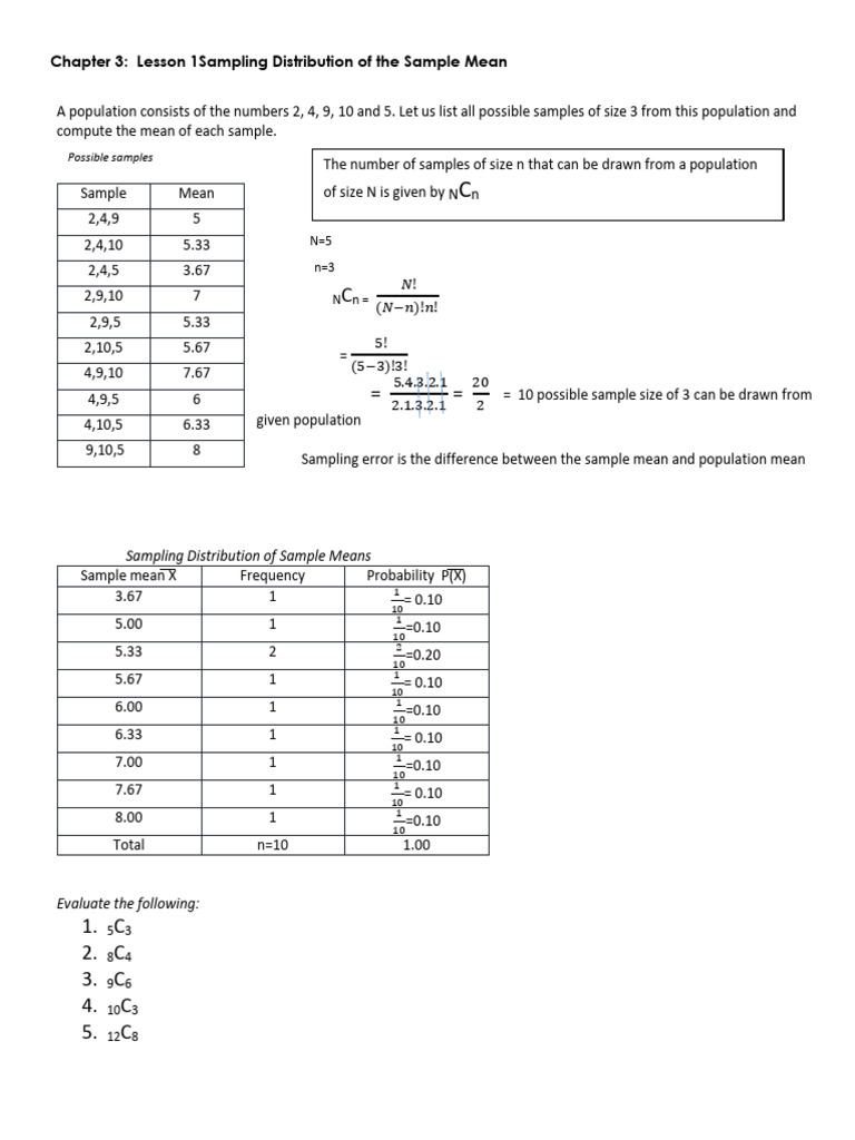 Chapter 3 Lesson 1sampling Distribution of The Sample Mean | PDF