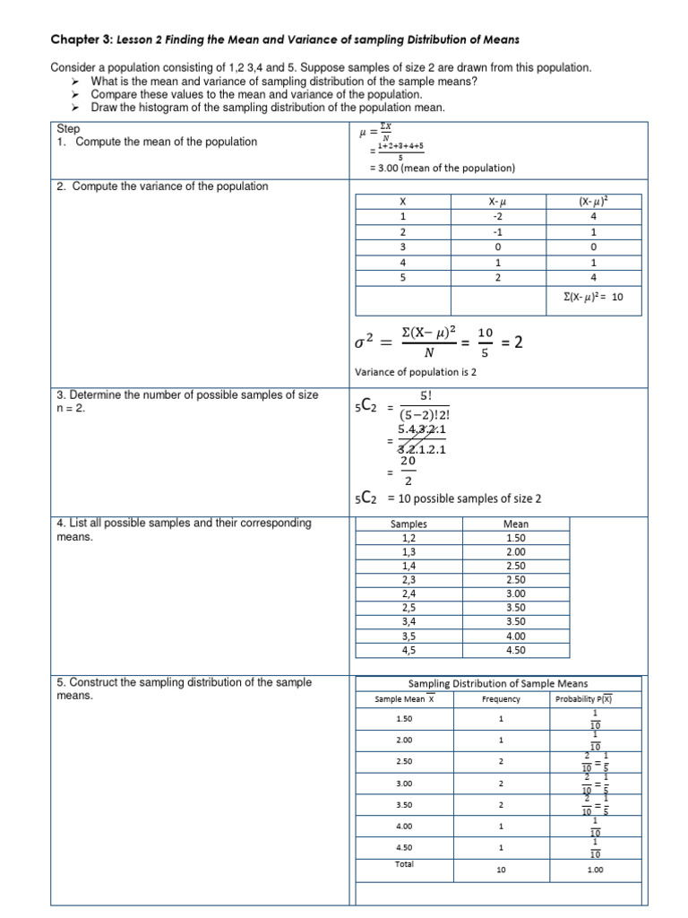 Chapter 3 Lesson 2 Finding The Mean and Variance of Sampling Distribution of Means | PDF ...