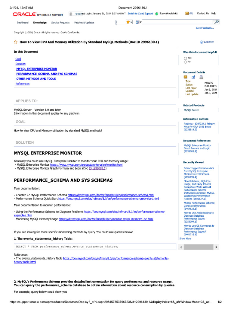 How To View Cpu And Memory Utilization By Standard Mysql Methods Doc Id 29961301 Pdf 8666