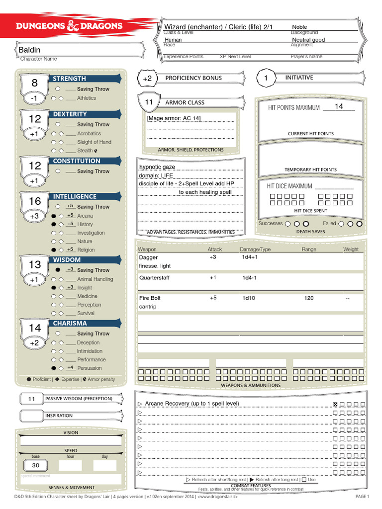 Wizard Cleric Character Sheet | PDF