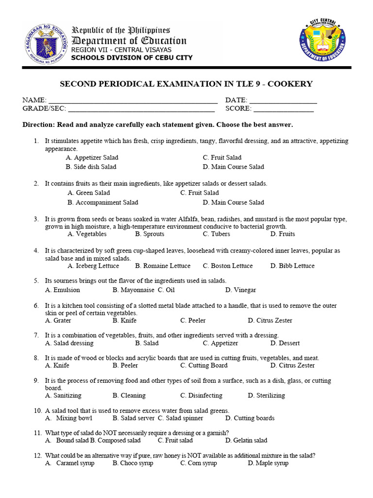 TLE 9 Cookery 2nd Quarter Exam Review | PDF