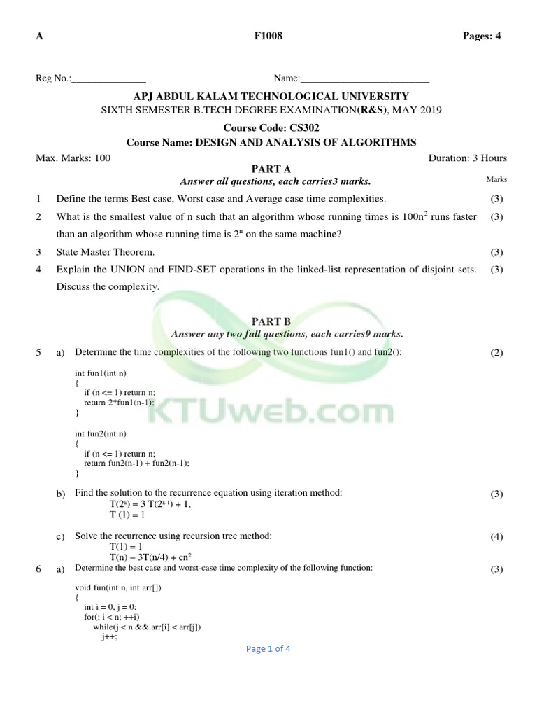 B.Tech Exam: Design & Analysis of Algorithms | PDF
