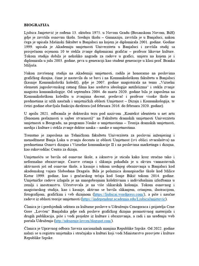 Ljubica Janjetovic - Biografija - Avgust 2023 | PDF