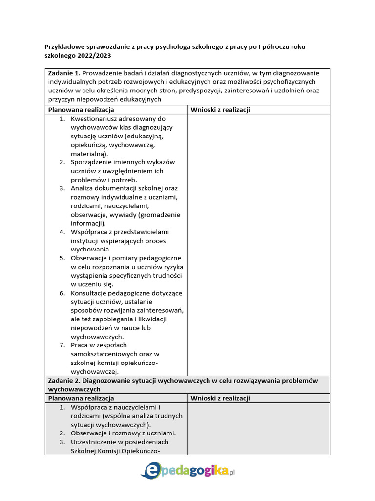 Przykladowe Sprawozdanie Z Pracy Psychologa Szkolnego Z Pracy W I ...