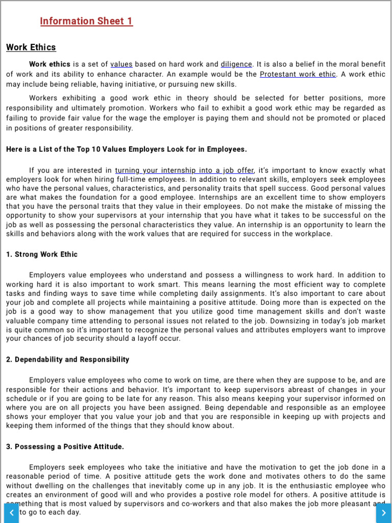 Information Sheet 1: Work Ethics | PDF