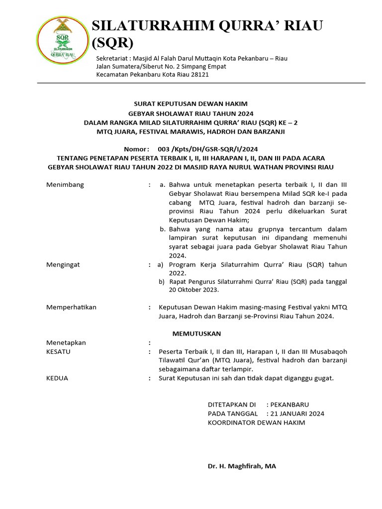 SK-DEWAN-HAKIM-Gebyar Sholawat SQR 2024 | PDF