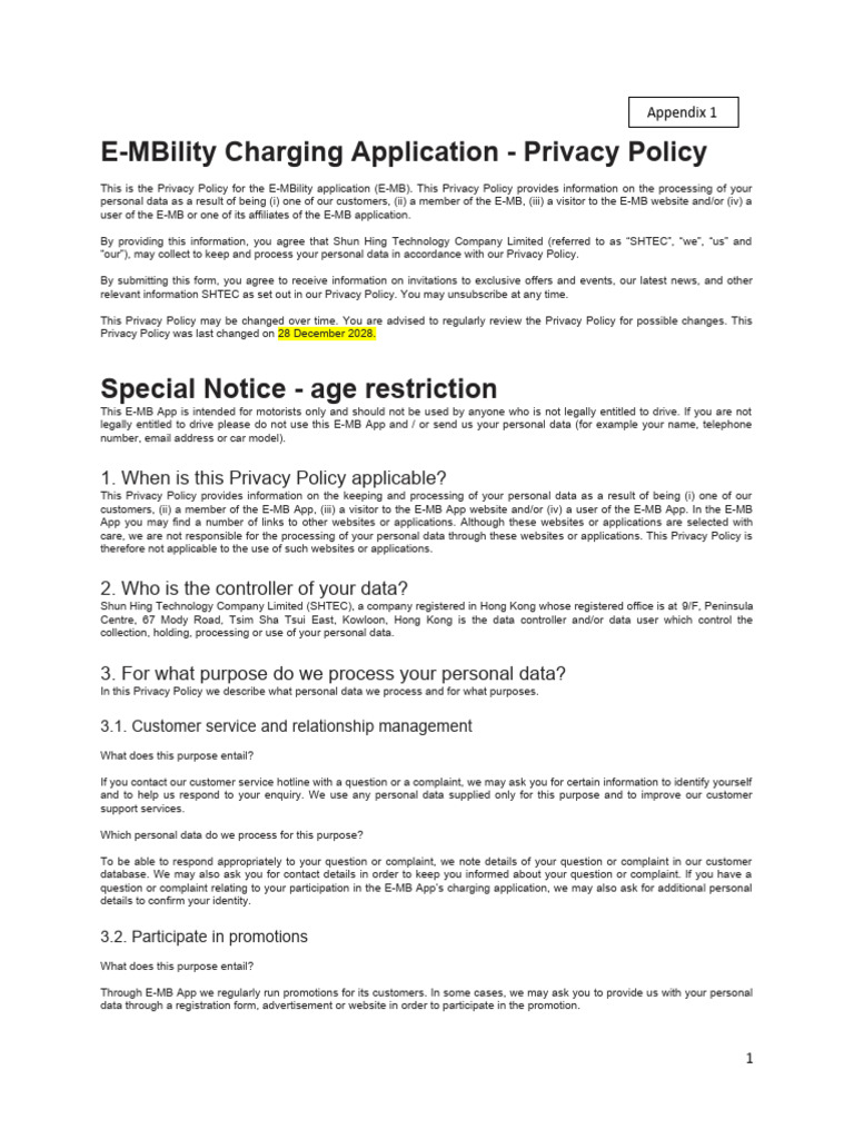 Addendum - Appendix 1 - Privacy Policy - E-MBility Charging APP ...