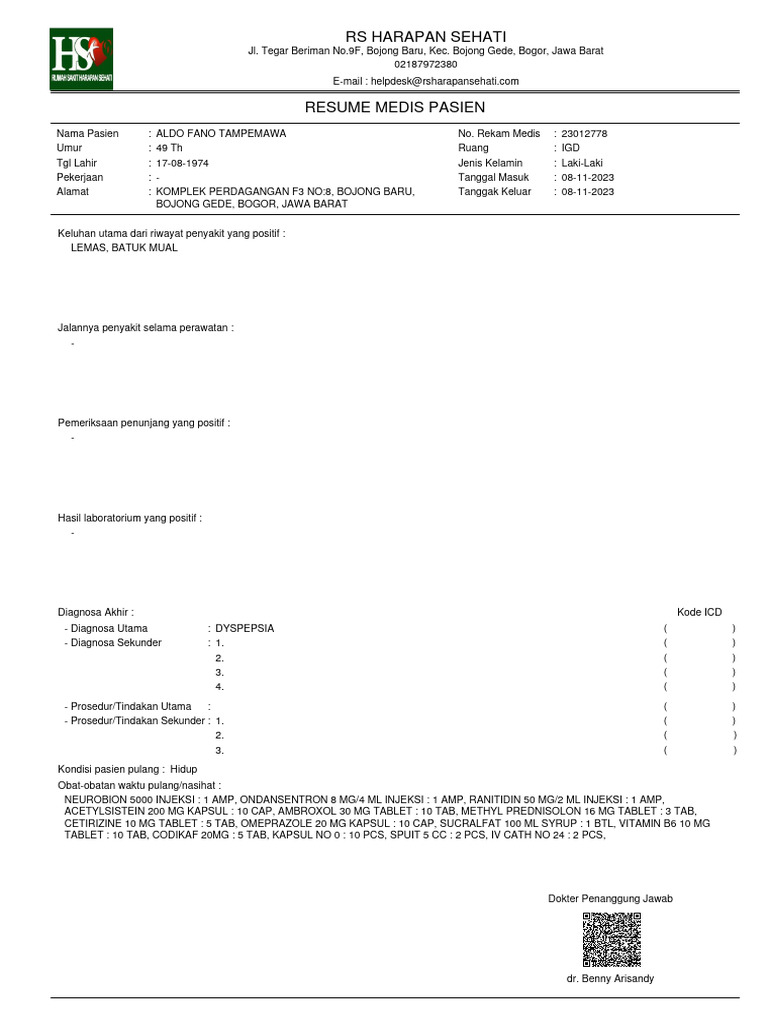 Resume Medis Pasien Aldo Fano | PDF