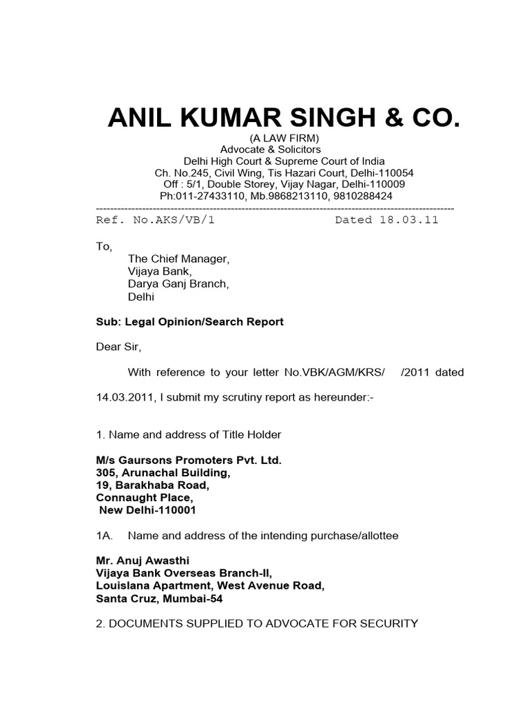 Anil Kumar Singh & Co.: Ref. No - AKS/VB/1 Dated 18.03.11 | PDF