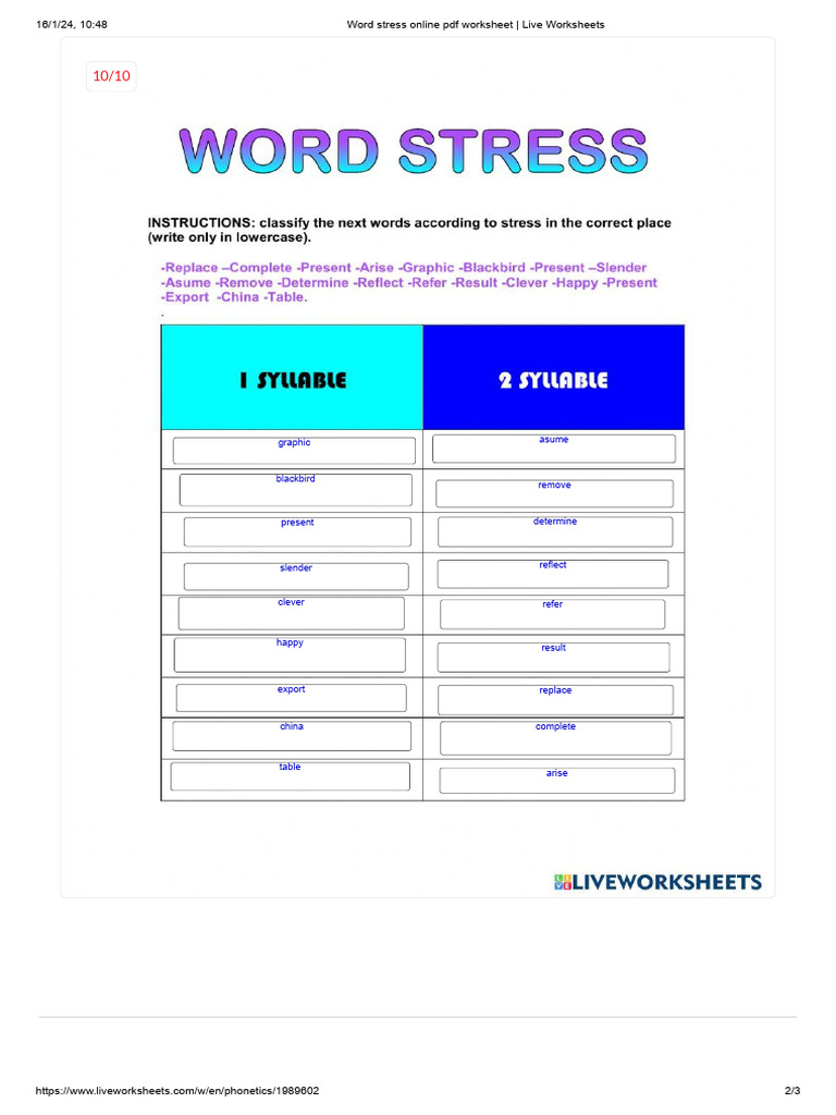 Word Stress Online PDF Worksheet - Live Worksheets | PDF