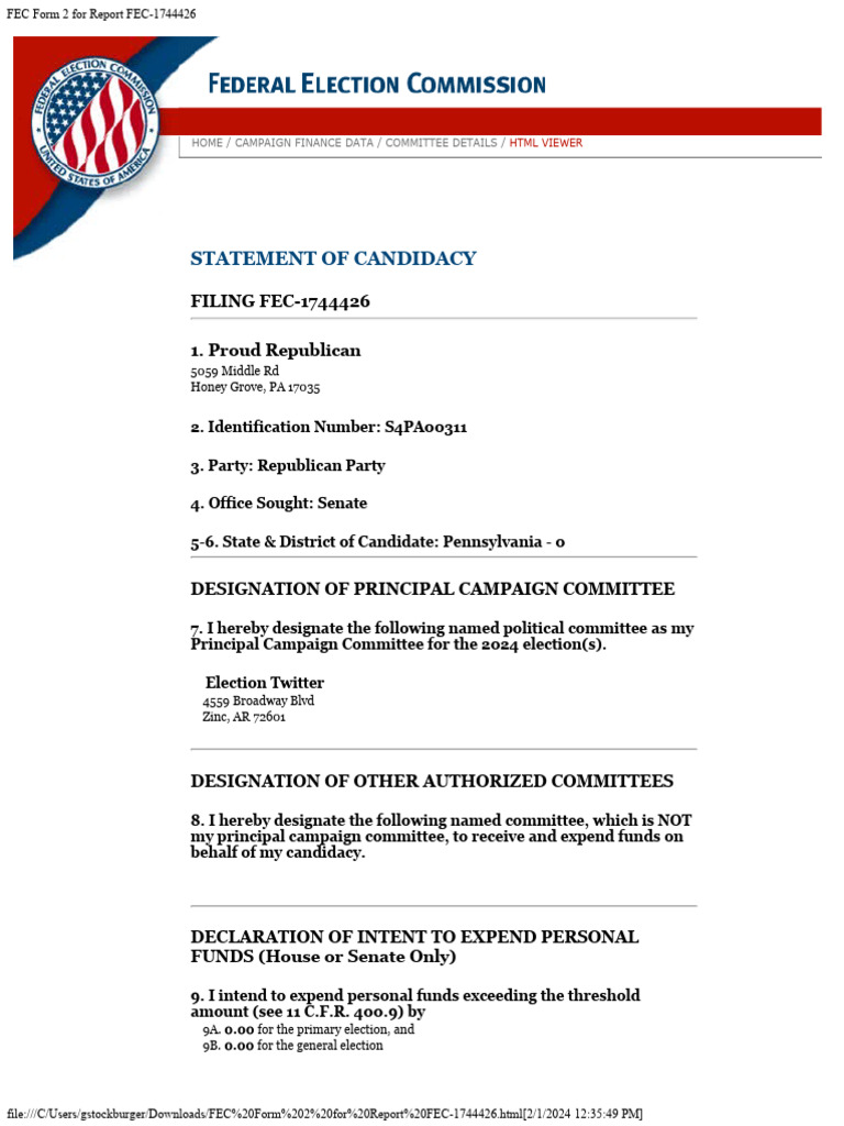 FEC Form 2: Senate Candidacy Report | PDF