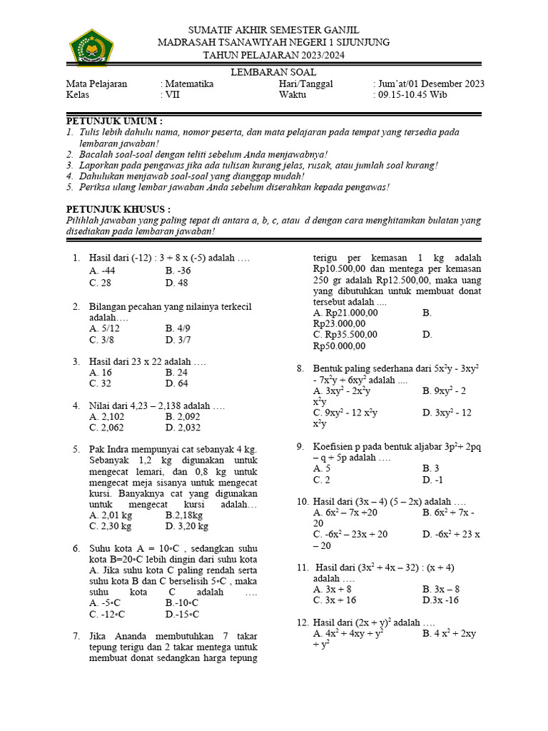 Soal MTK Sumatif Akhir Semester Ganjil | PDF