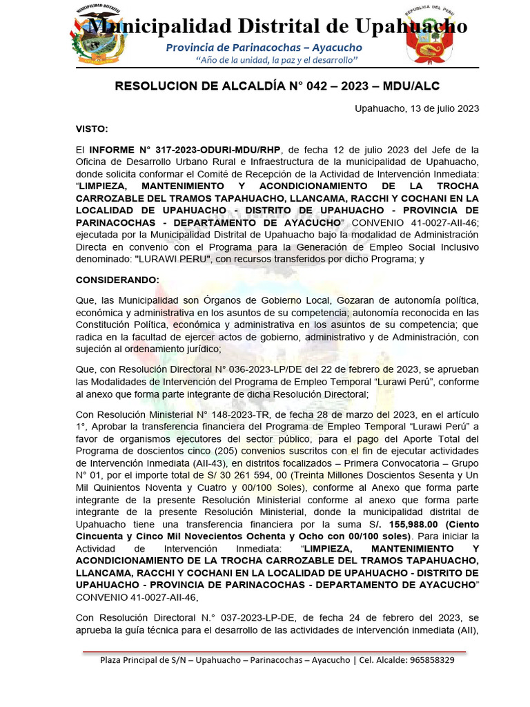 Resolucion Nro. 042 - 2023 - Resolución COMITE DE Recepcion | PDF